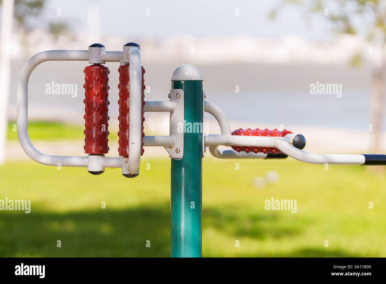 Outdoor fitness equipment with rotating hand wheels is installed in a ...