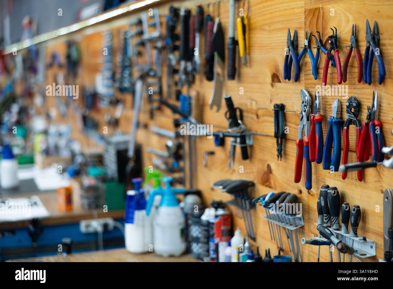 Empty workshop for bike repair with table with different tools Stock ...