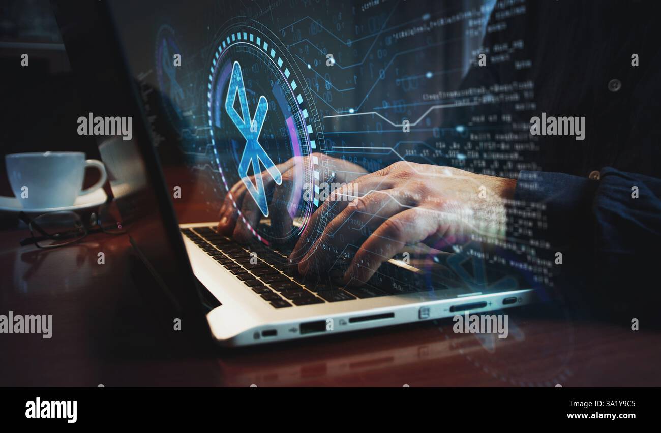 Bluetooth mobile device wireless connection symbol and man typing ...