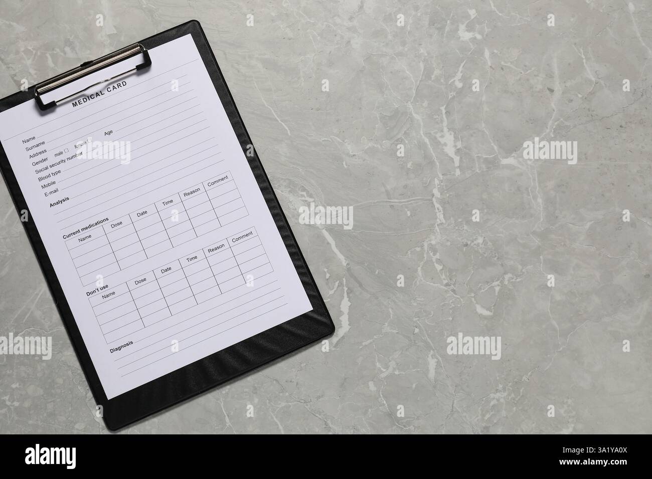 Medical card form on grey background, top view. Space for text Stock ...