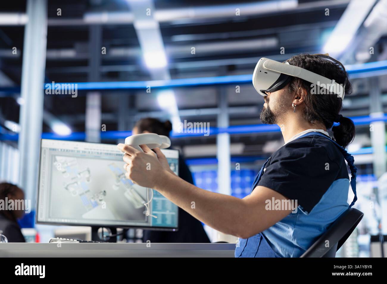 Solar panels plant worker analyzing performance data and optimizing efficiency using VR headset ...