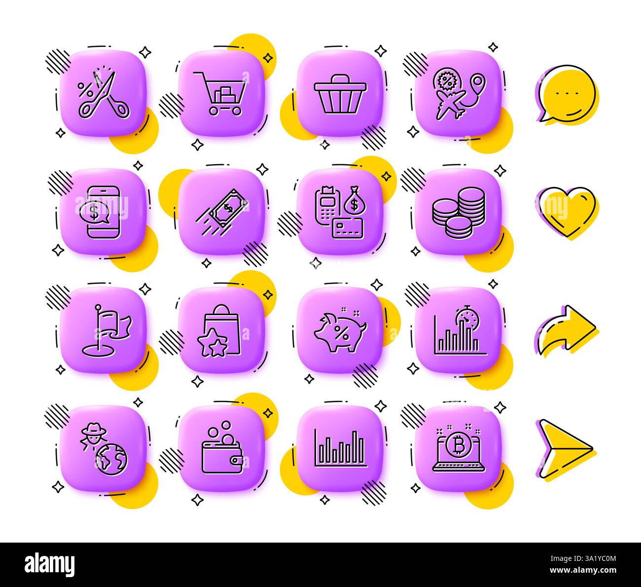 Report timer, Bar diagram and Internet shopping line icons. For web app, printing. App 3d ...