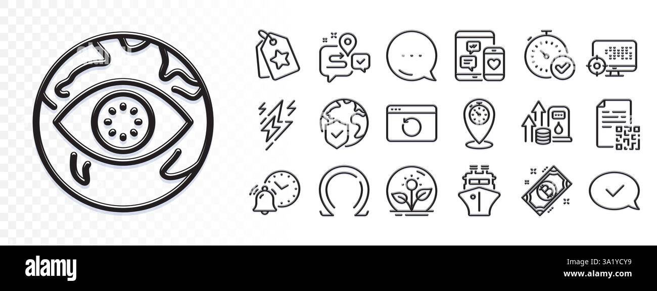 Loyalty tags, World insurance and Timer line icons for web app. Pictogram icon. Glare of light ...