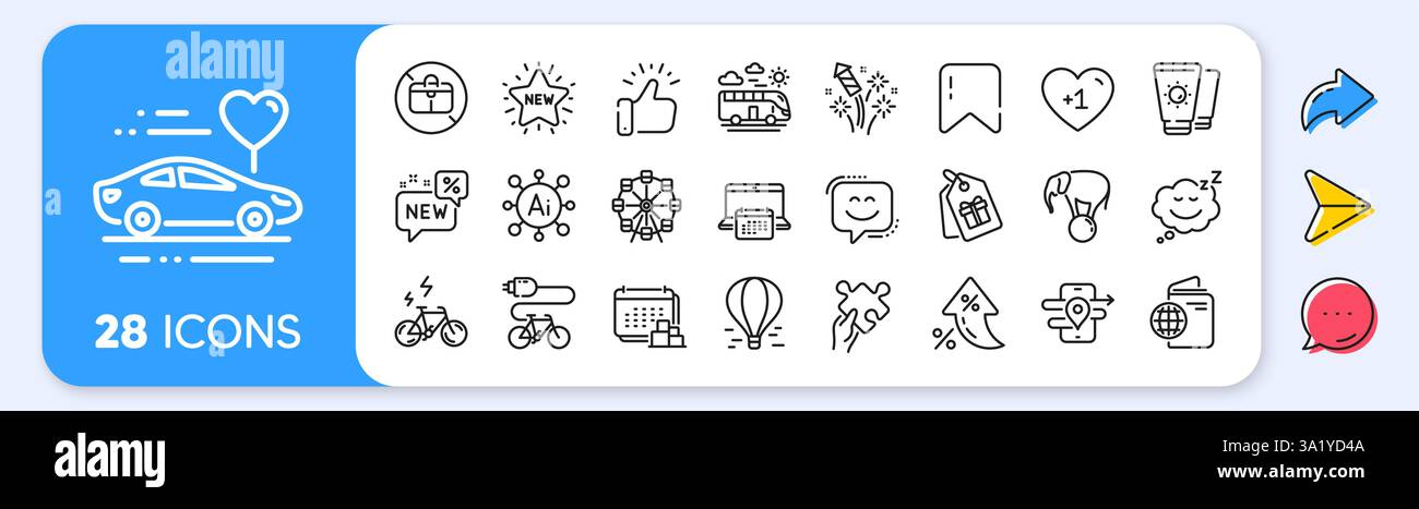 Electric bike, Calendar and Bus travel line icons. For web app, printing. App line icons. Vector ...