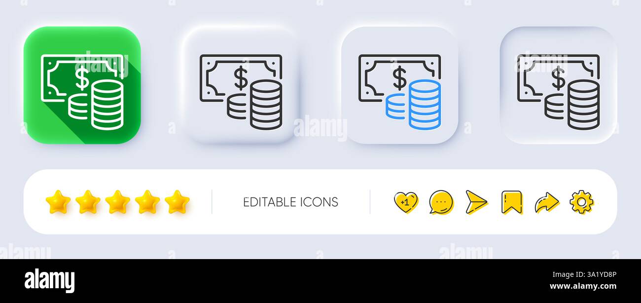 Coins banknote line icon. Cash money sign. Neumorphic buttons. Vector ...