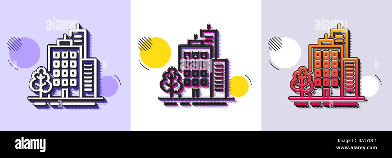 Buildings line icon. City architecture with tree sign. Skyscraper ...