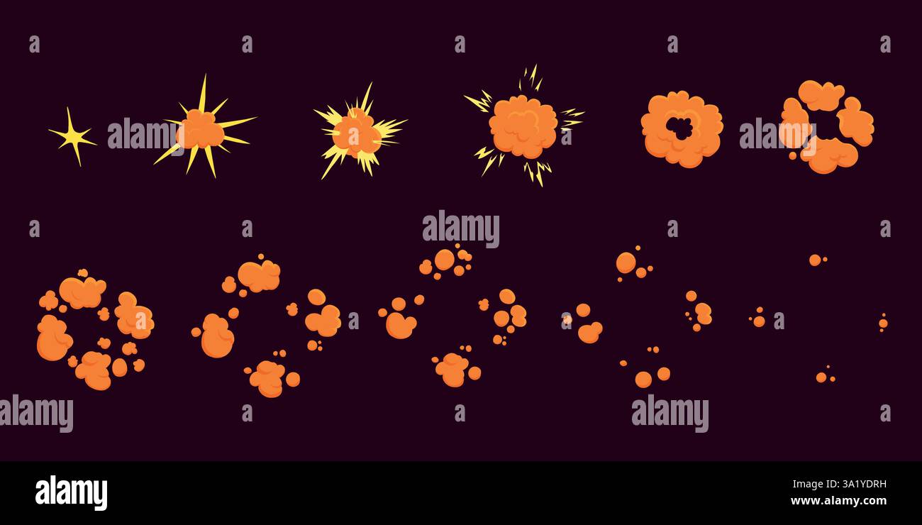 Cartoon motion explosions. Animated explosion shot, explode fire frames. Exploding effect frames ...