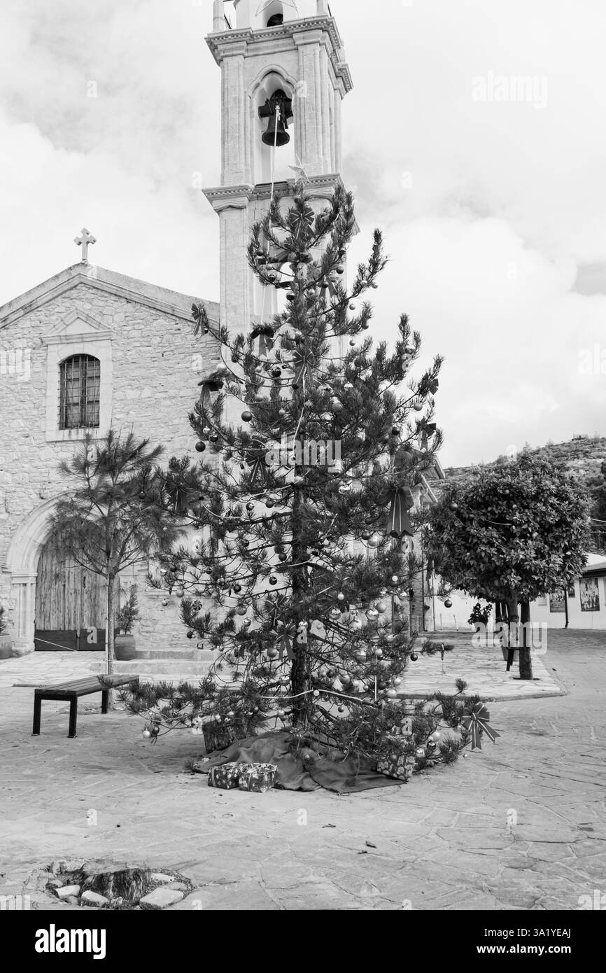 Christmas tree placed in front of The Virgin Chrysolanitissa (Panagia ...