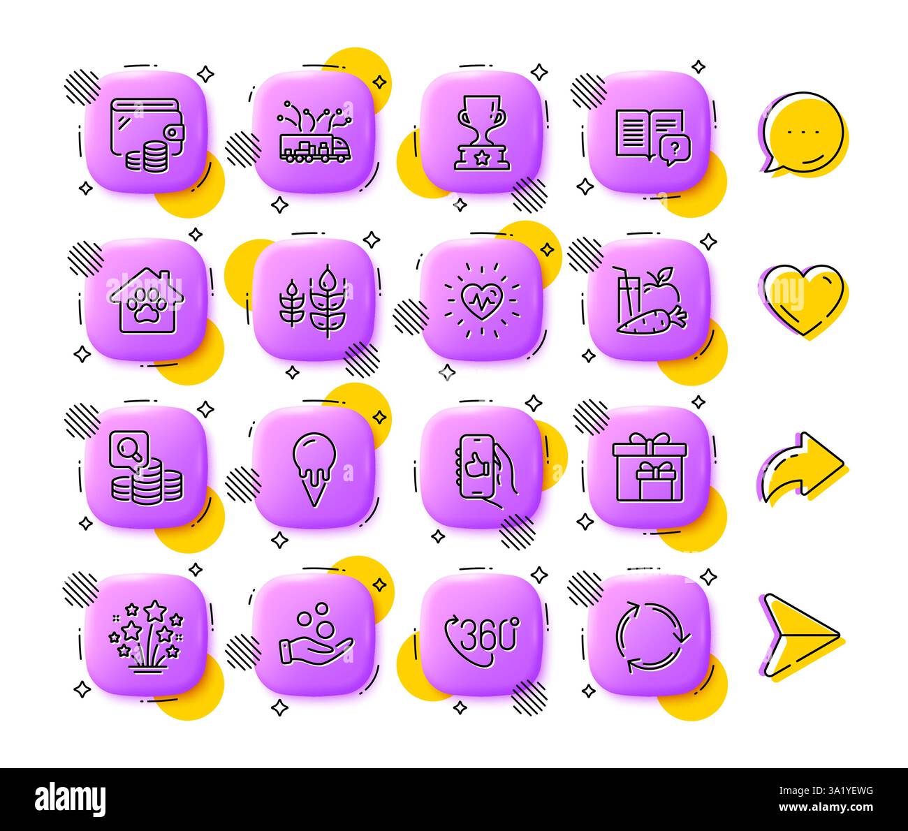 360 degree, Winner cup and Fireworks stars line icons. For web app ...