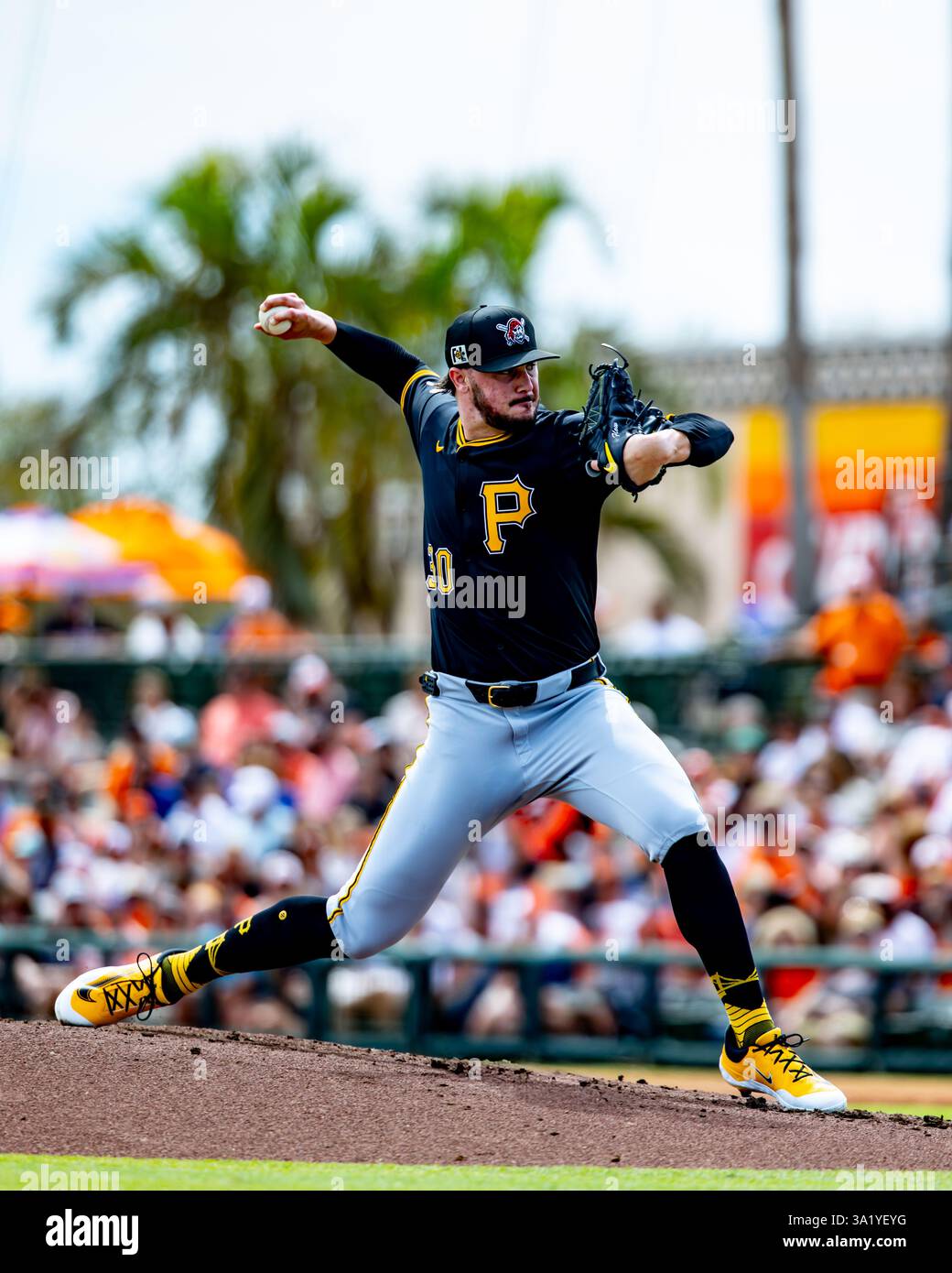 Pittsburgh Pirates starting pitcher Paul Skenes on the mound at a ...