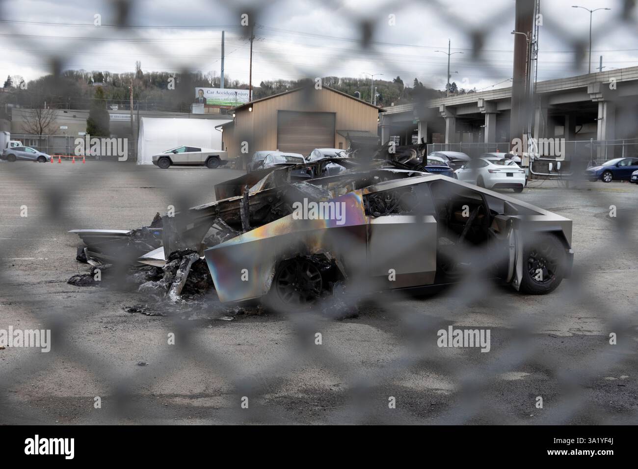 Seattle, Washington, USA. 10th March 2025. Two burned Tesla Cybertrucks ...
