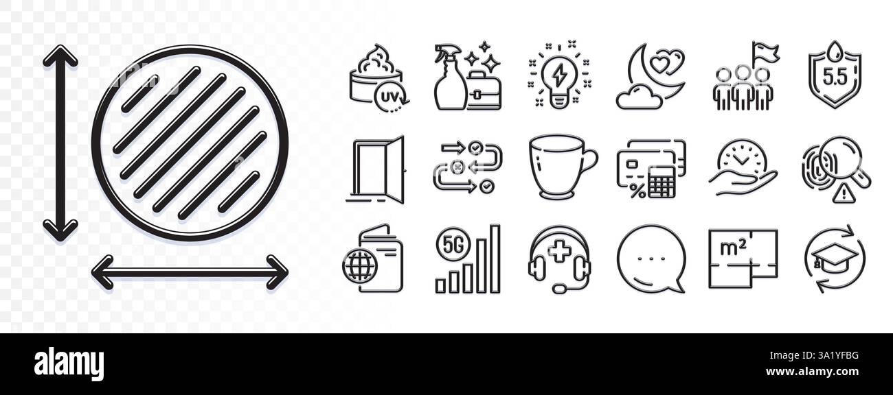 Tea cup, Circle area and 5g wifi line icons for web app. Pictogram icon. Glare of light icons ...