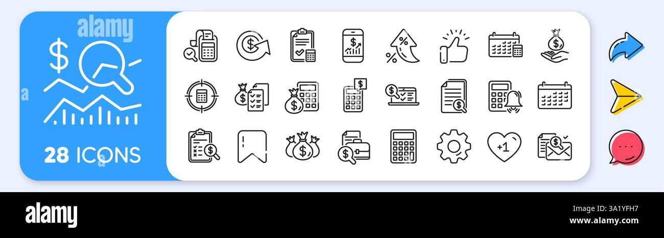 Accounting line icons. Set of Calculation, Check investment and Report. App line icons. Vector ...