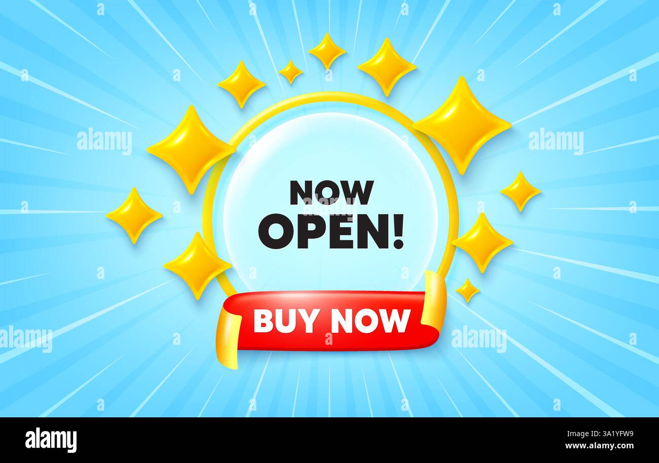Now open tag. Promotion new business sign. Sunburst ray banner. Vector ...