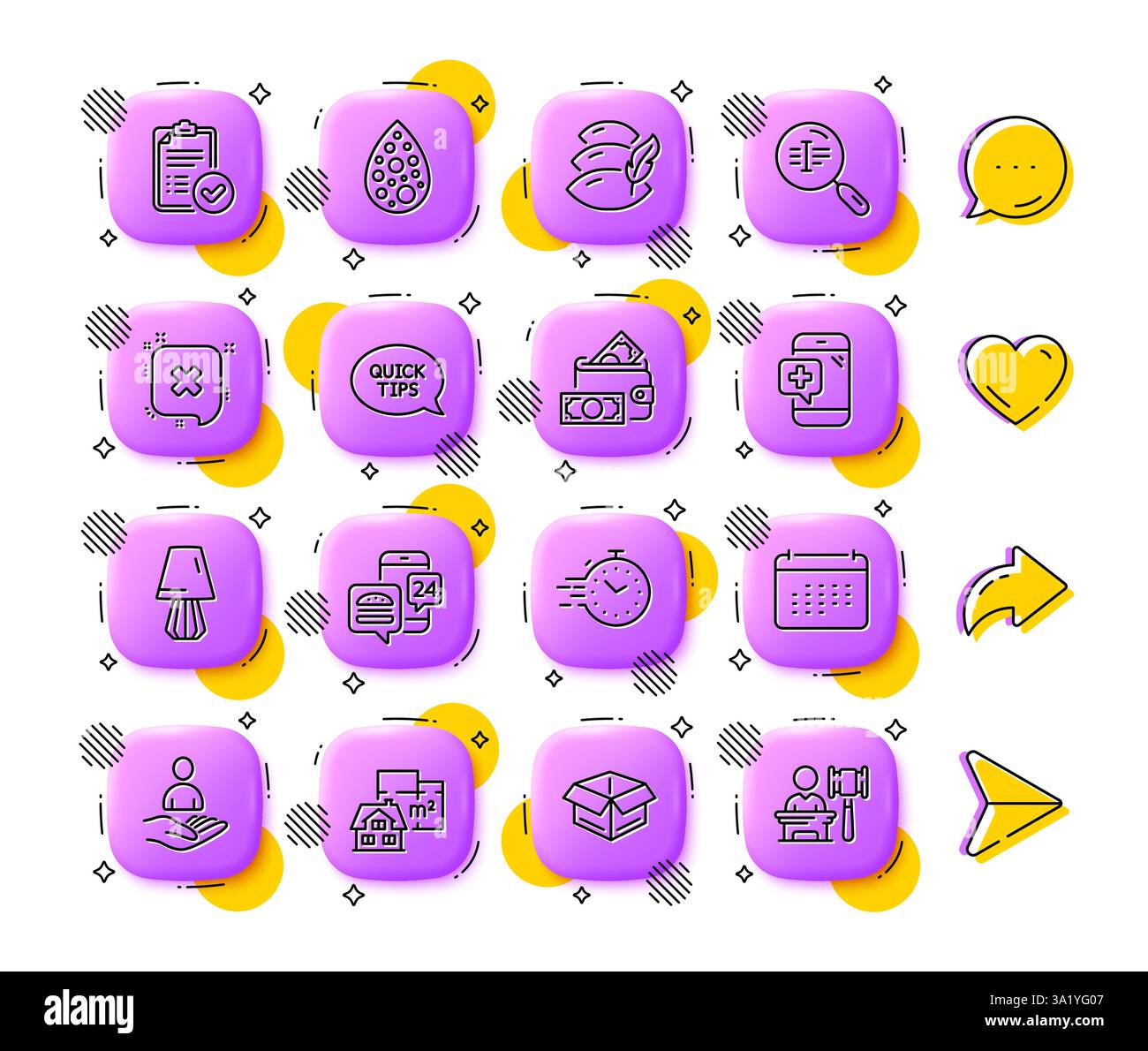 Calendar, Timer and Search text line icons. For web app, printing. App 3d buttons icons. Vector ...