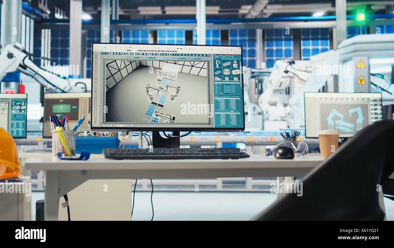 PC monitor in solar panels manufacturing plant used to study solar energy systems. Computer ...