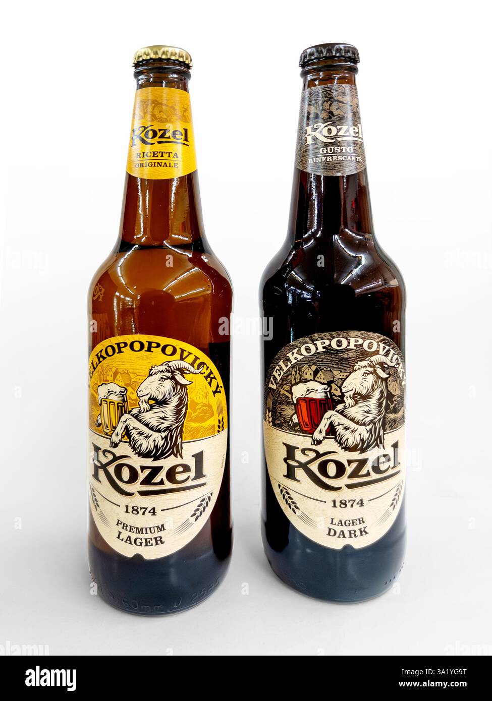 Italy - March 10, 2025: Bottle of Kozel premium lager beer with bottle ...