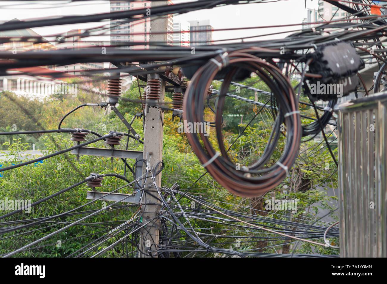 Electricity system with tangled cable of power line and electric wire ...