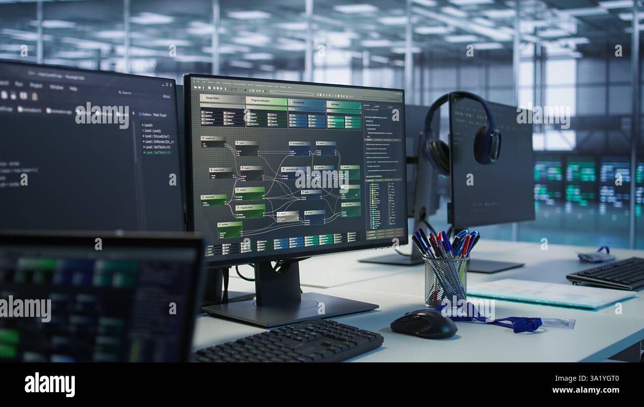 Close up of computer displays in empty data center establishment ...