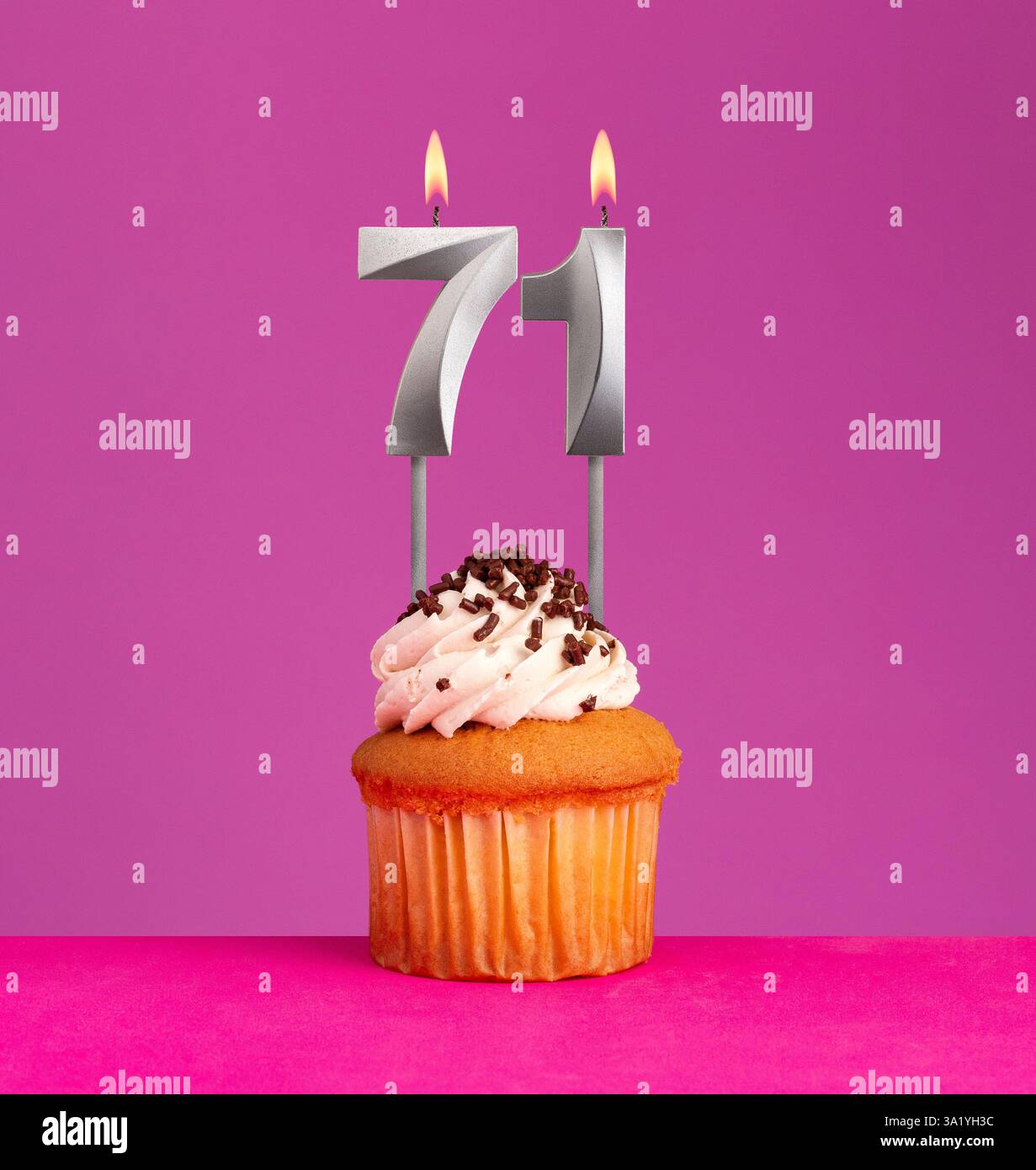 Birthday candle number 71 with cupcake on violet background Stock Photo ...