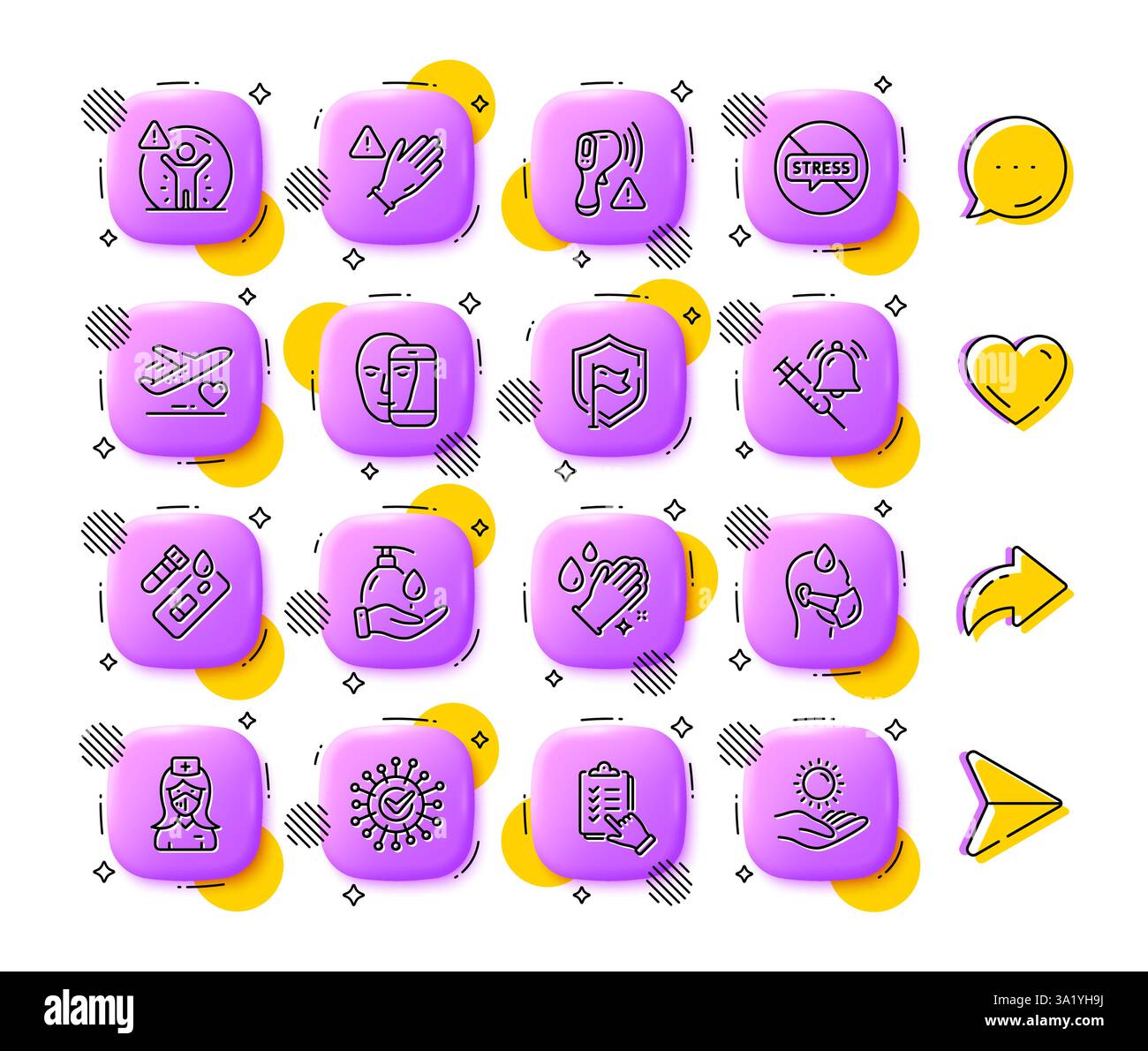 Vaccine announcement, Face biometrics and Wash hands line icons. For ...