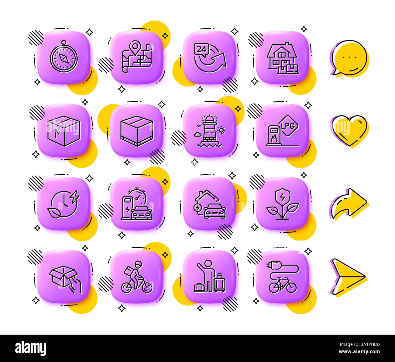 Delivery bike, Eco power and Charging time line icons. For web app, printing. App 3d buttons ...