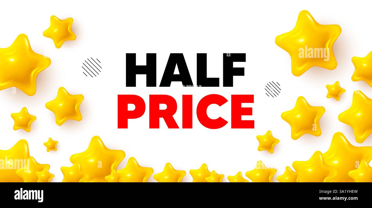 Half Price tag. Special offer sale sign. Winner banner with 3d stars ...