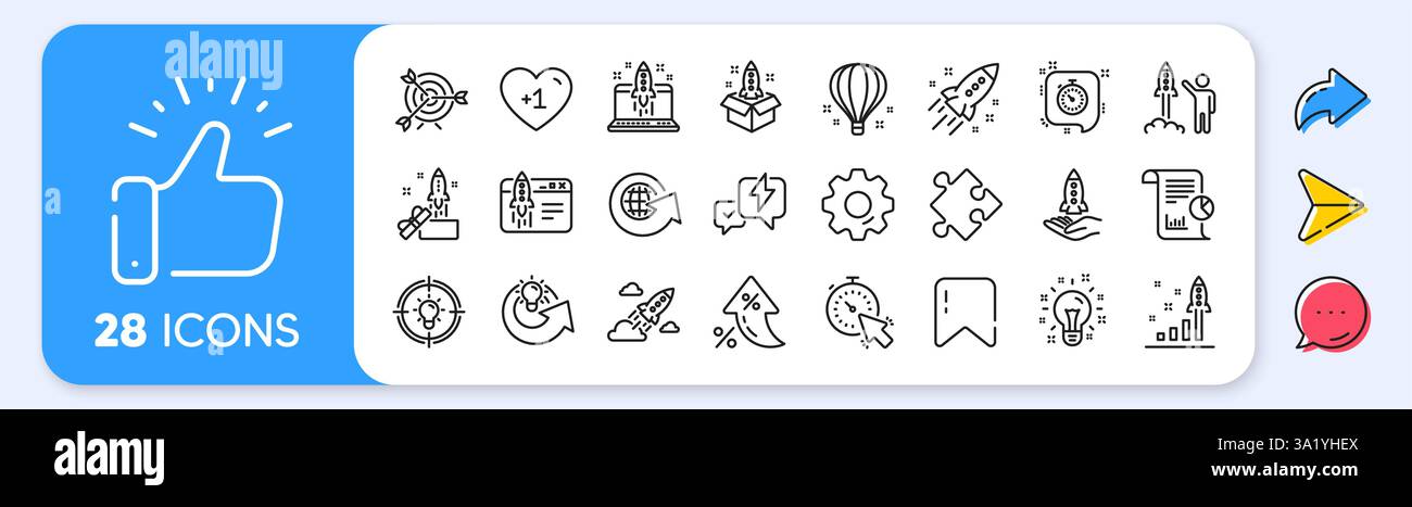 Startup line icons. Set of Launch Project, Business report and Target ...