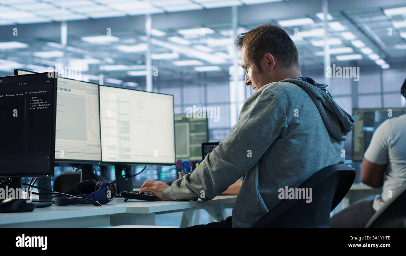 Fatigued admin stretching at work in server room to relieve muscle ...