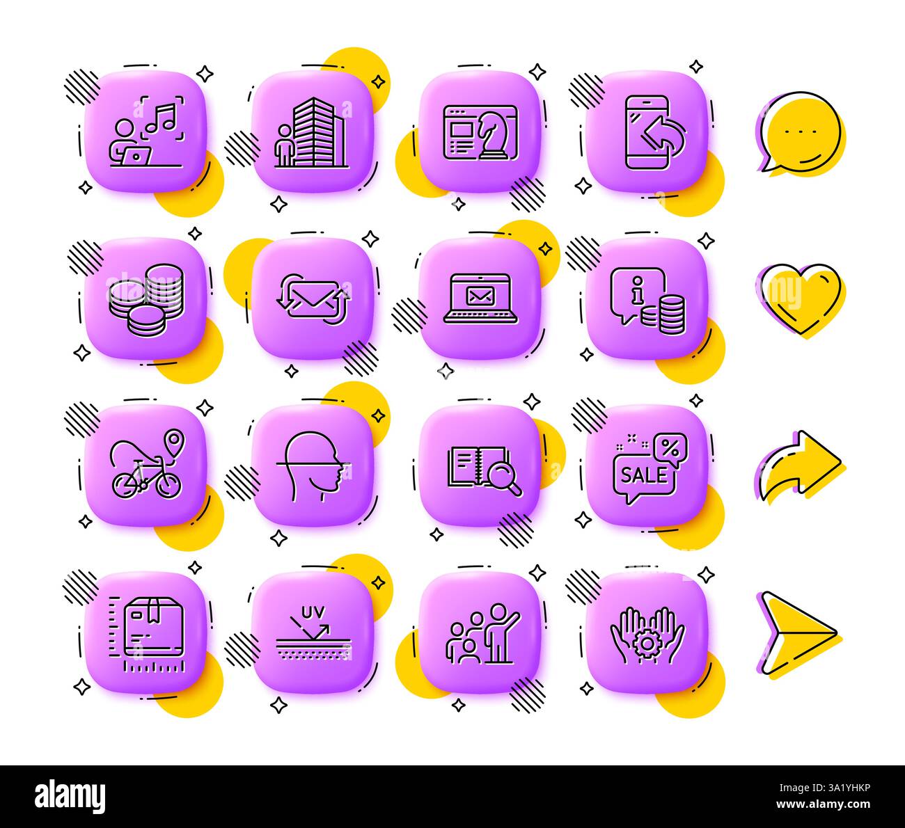 Face scanning, Info and Discounts bubble line icons. For web app, printing. App 3d buttons icons ...