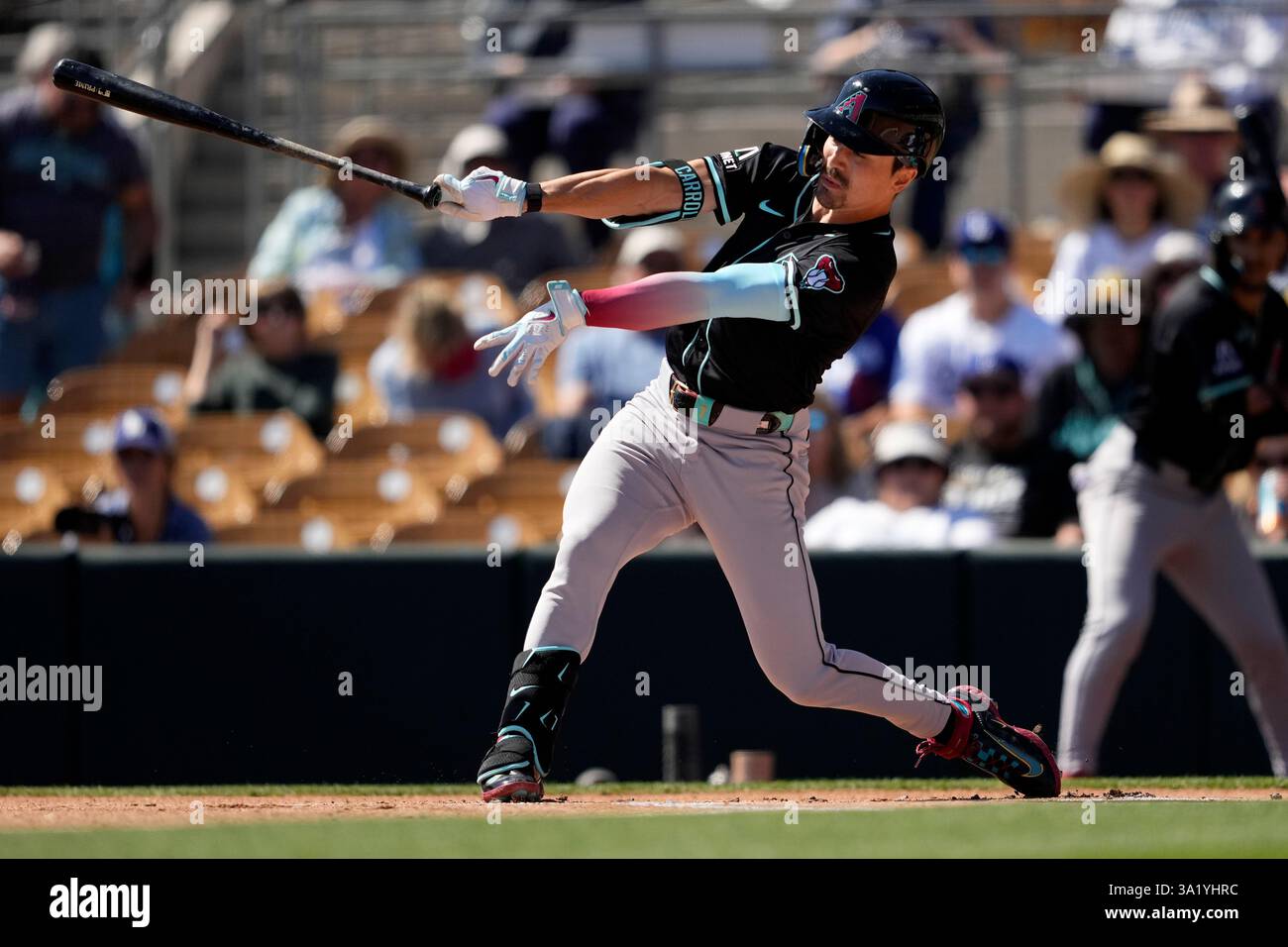 Arizona Diamondbacks' Corbin Carroll loses his bat on a swing during ...
