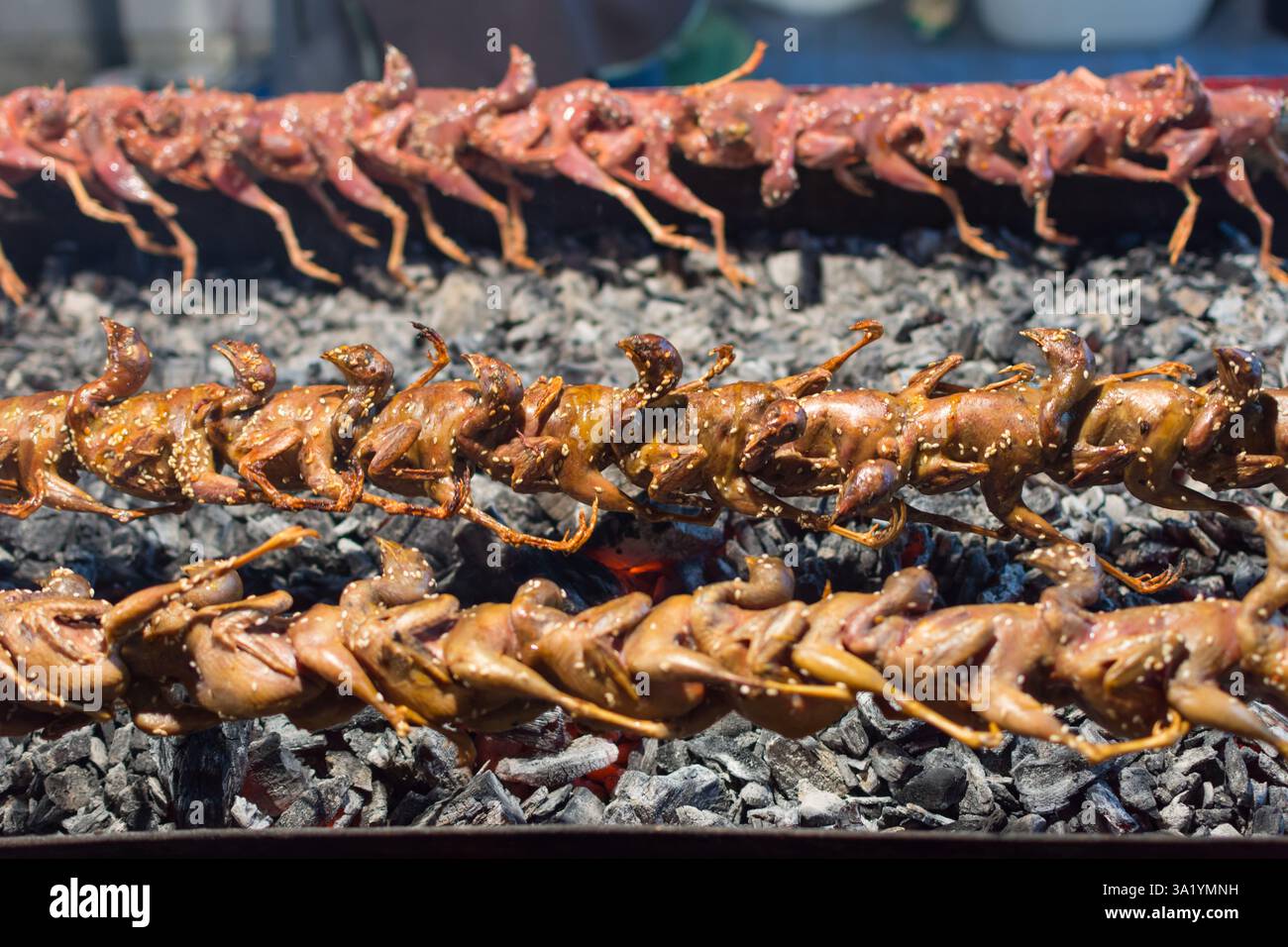 Partridge or quail grilled on a charcoal is a barbeque food from bird ...