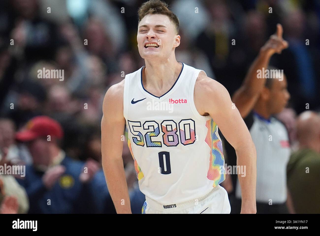 Denver Nuggets guard Christian Braun (0) reacts after hitting a 3-point ...