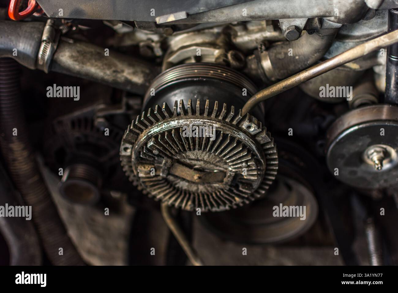 Disassembled car dirty engine close-up to engine parts at car garage ...