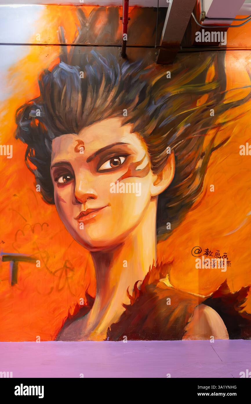 ZhongShan GuangDong China-March 8, 2025: NeZha painting on the wall at ...