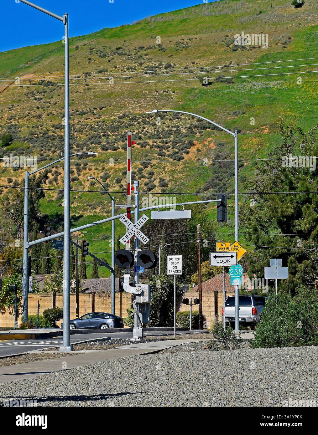 railroad train crossing gate, signal in Fremont, California Stock Photo ...