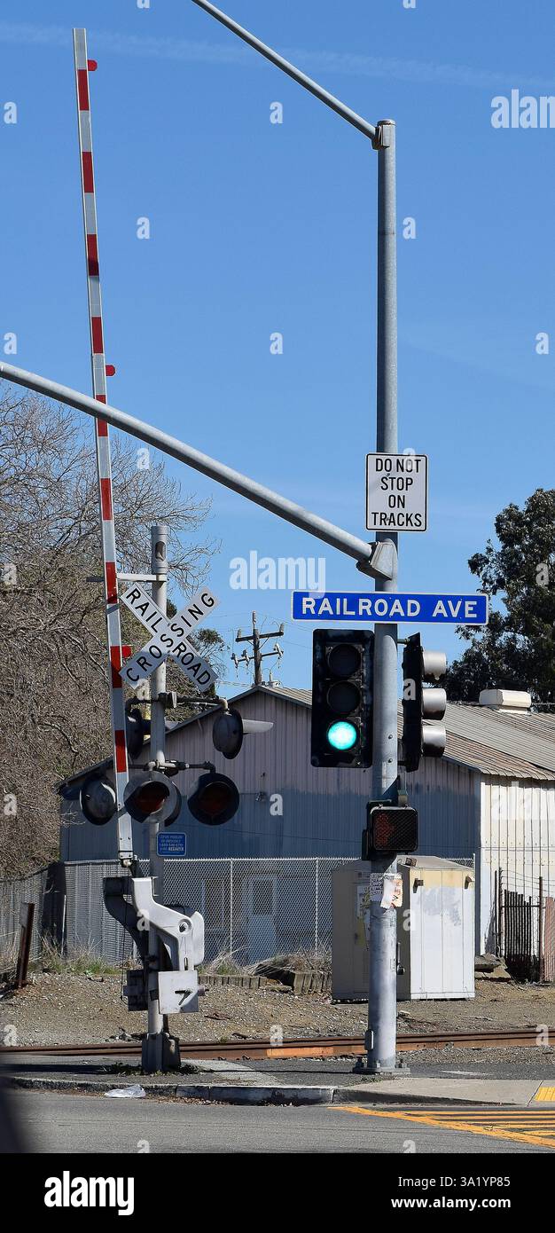 railroad train crossing gate, signal in Fremont, California Stock Photo ...