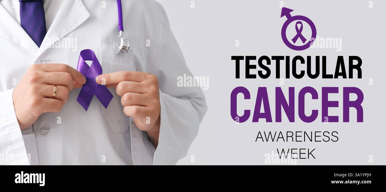 Male doctor with purple ribbon on light background, closeup. Banner for ...