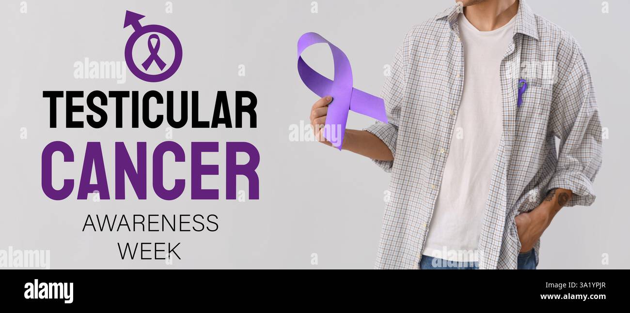 Man with purple ribbon on light background. Banner for Testicular ...