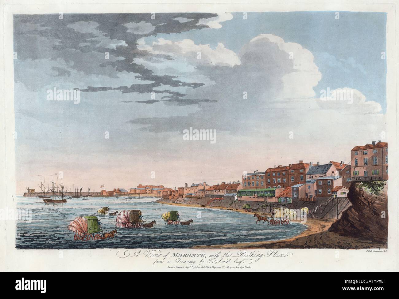 A print coloured engraving of a view of Margate with the Bathing place ...