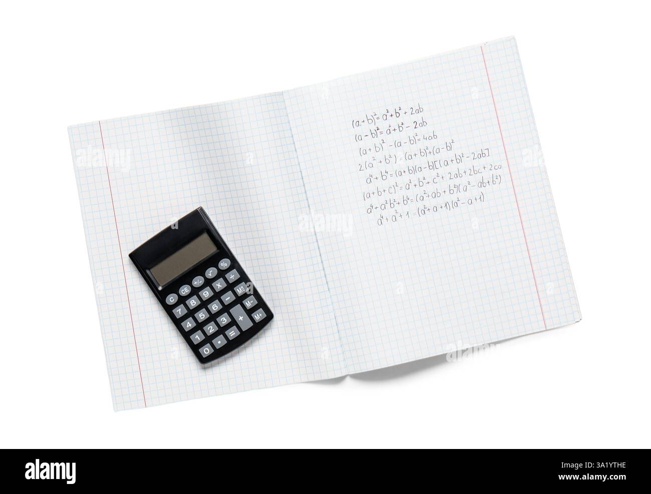 Copybook with handwritten maths formulas and calculator isolated on ...