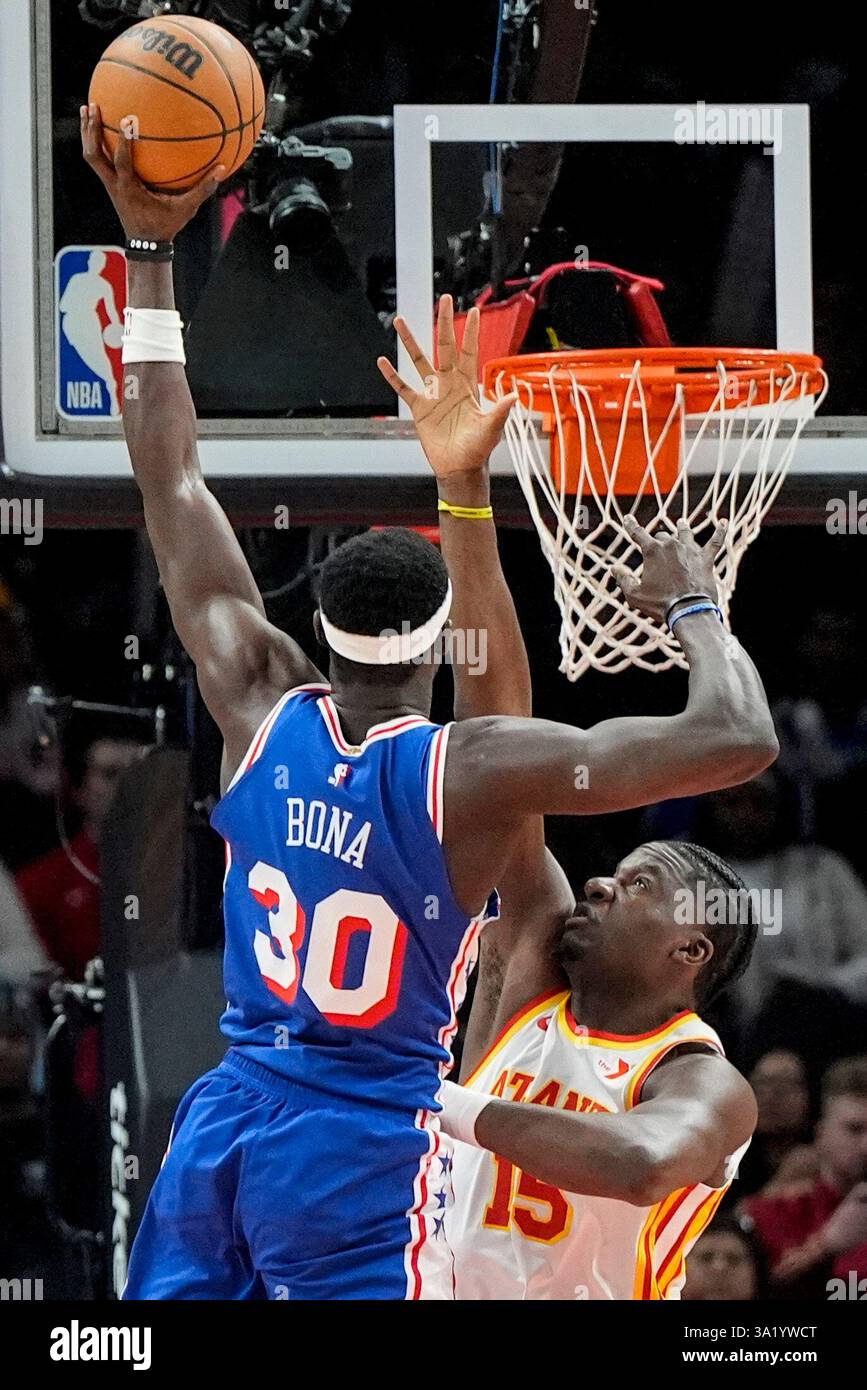 Philadelphia 76ers center Adem Bona (30) shoots againmst Atlanta Hawks ...