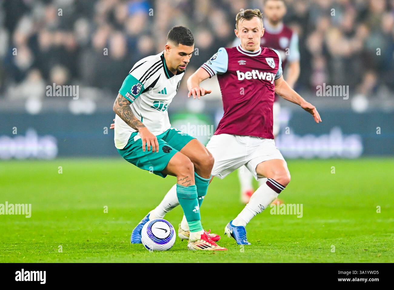 Bruno Guimaraes (39 Newcastle) challenged by James Ward Prowse (8 West ...