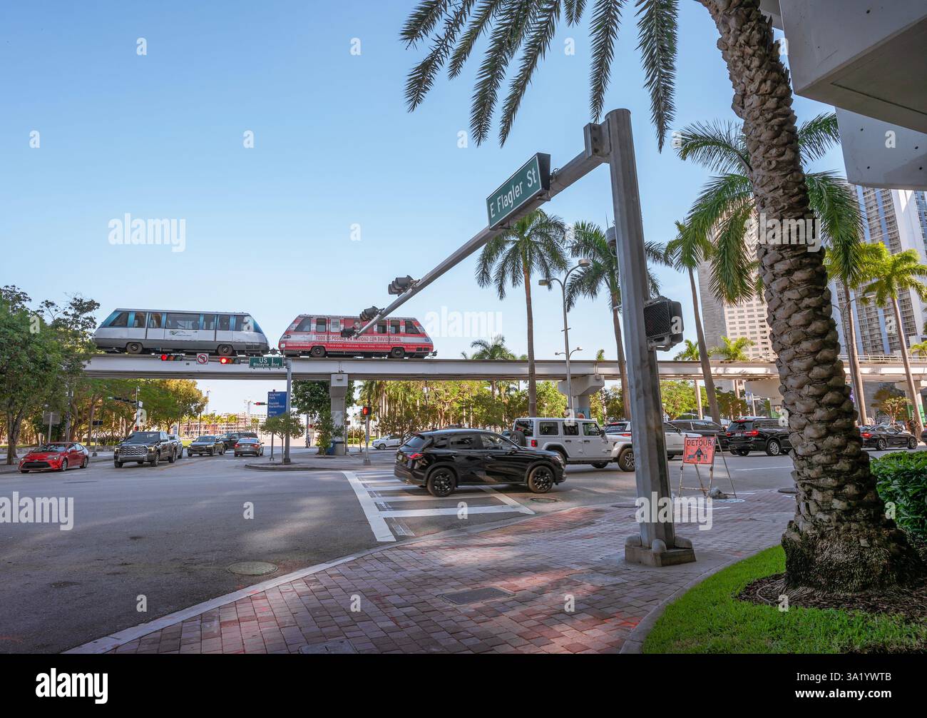 Miami, Florida, USA – February 28, 2025: Downtown with traffic and the ...