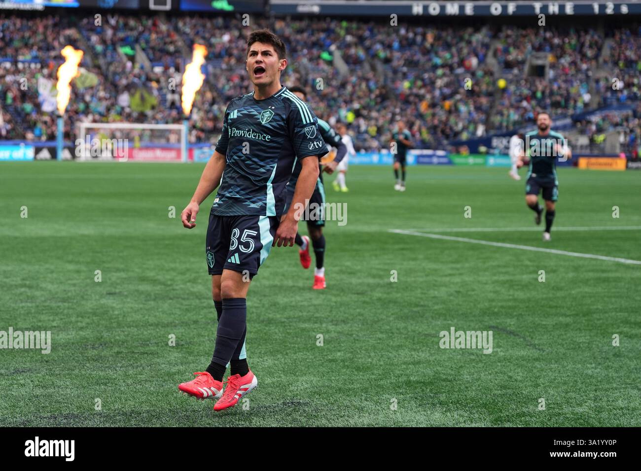 Seattle Sounders midfielder Kalani Kossa-Rienzi reacts after scoring ...