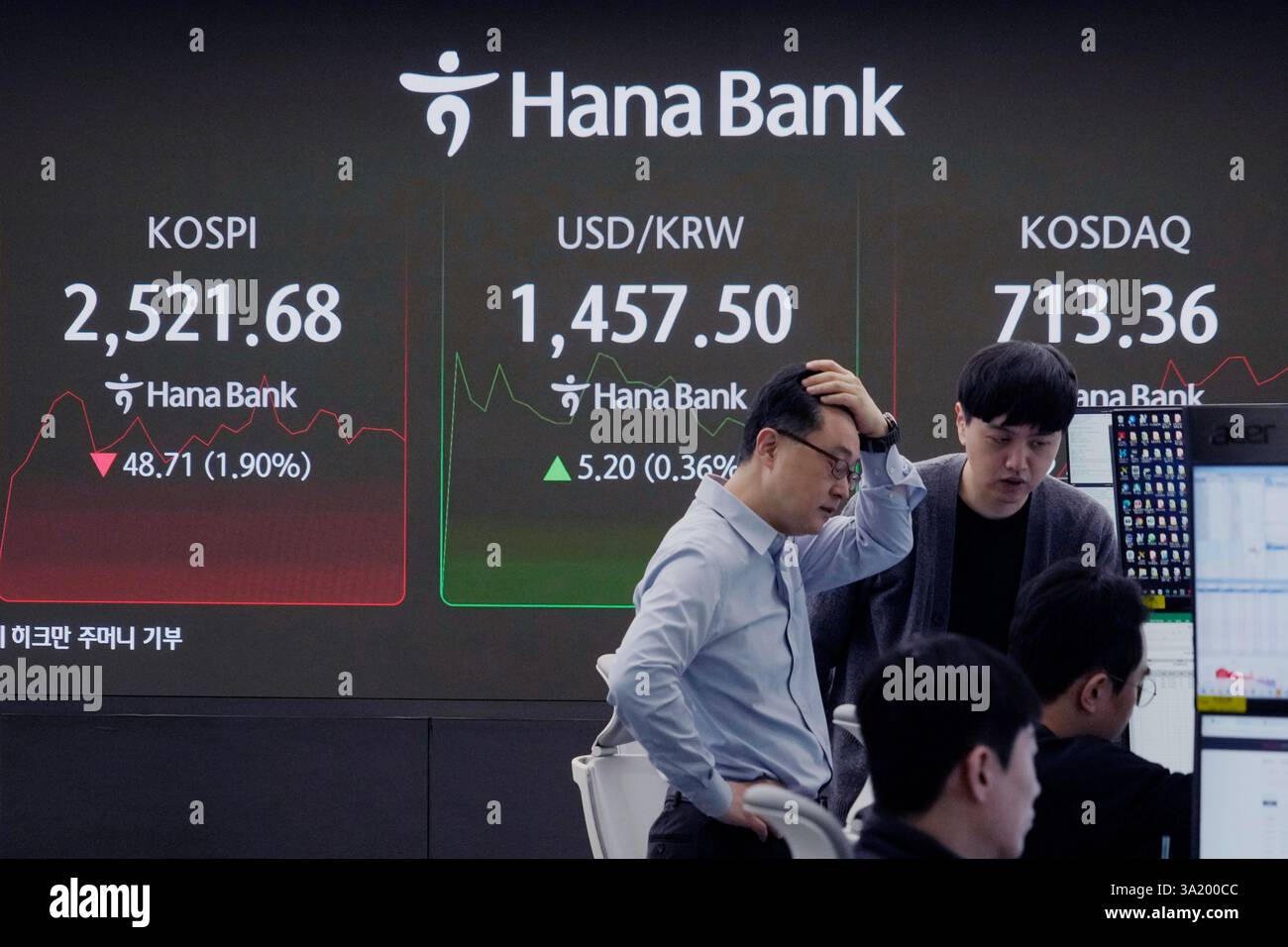 Currency traders watch monitors near a screen showing the Korea Composite Stock Price Index ...