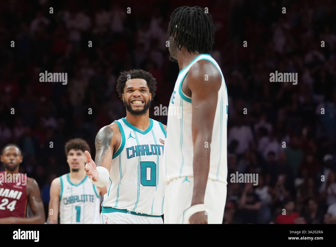 Charlotte Hornets forward Miles Bridges (0) celebrates as the team ...