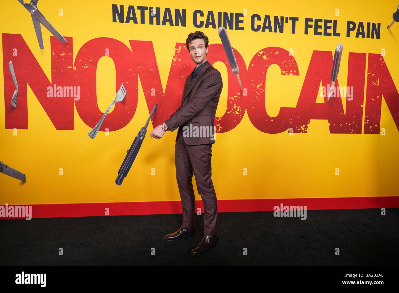 Jack Quaid arrives at the premiere of "Novocaine" on Monday, March 10 ...