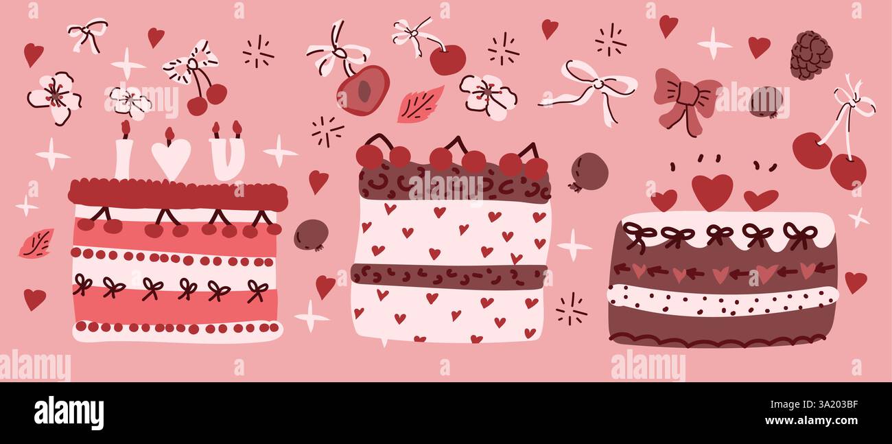 Decorative cakes with hearts and cherries on a pink background. Hand ...