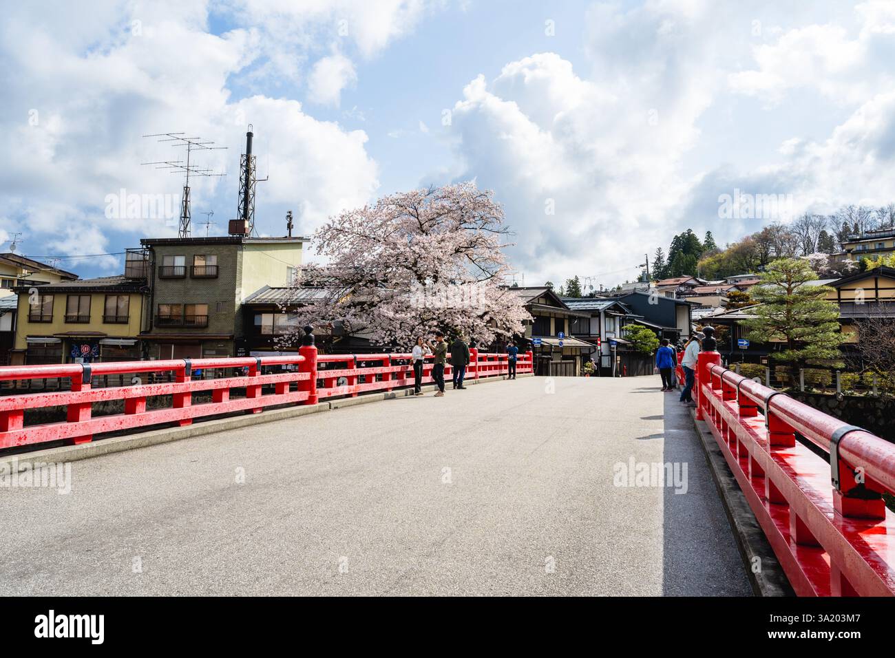 Takayama, Gifu, Japan - APR 17 ,2024: Red Naka-bashi bridge with Cherry ...